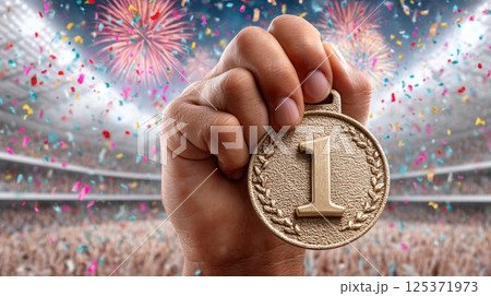 Winner Holding First Place Gold Medal in Stadiumのイラスト素材 [125371973] - PIXTA