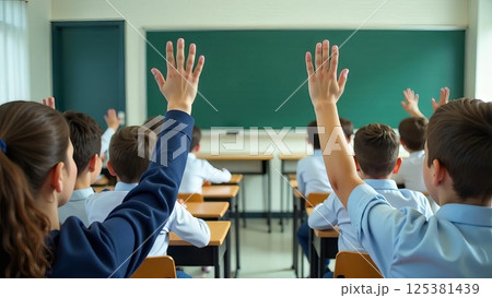 students raising hands in classroom eager to...のイラスト素材 [125381439] - PIXTA