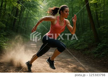 Woman running fast on forest path with sunlight...のイラスト素材 [125383798 ...