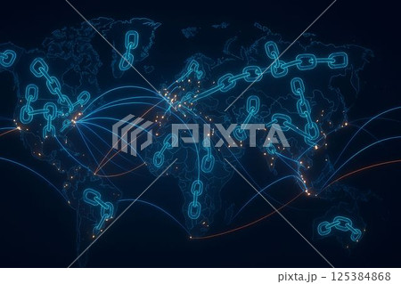 Blockchain Network Connects Cities on Glowing...のイラスト素材 [125384868] - PIXTA