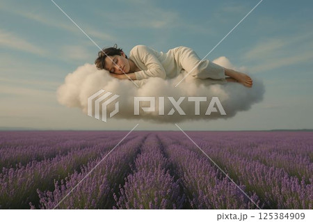 Person sleeping on floating cloud above...のイラスト素材 [125384909] - PIXTA