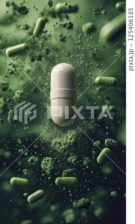Green powder supplement capsule exploding in...のイラスト素材 [125406185] - PIXTA