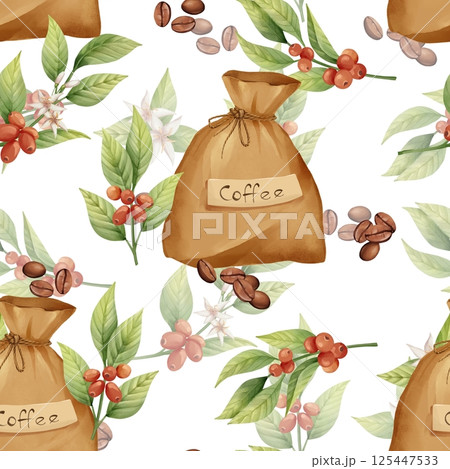 Seamless pattern featuring coffee sacks, beans,...のイラスト素材 [125447533 ...