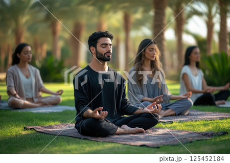 Meditation session amidst palm trees outdoor...のイラスト素材 [125452184] - PIXTA