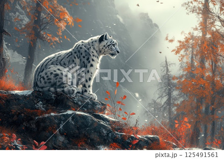 Snow leopard rests majestically on a rocky...のイラスト素材 [125491561] - PIXTA