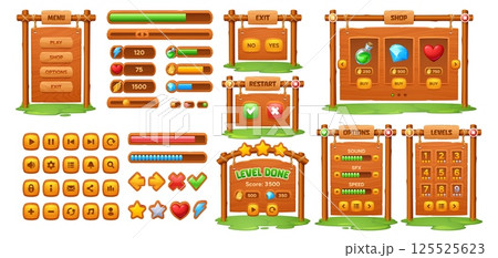 Wooden game interface. Cartoon vector wood ui...のイラスト素材 [125525623] - PIXTA