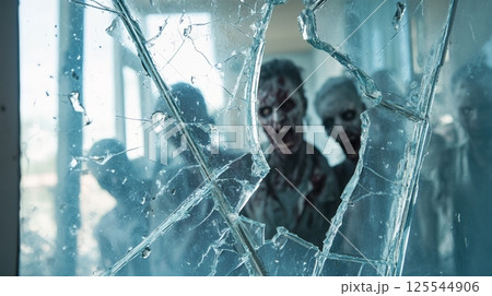 Group of scary zombies breaking through a glass...のイラスト素材 [125544906 ...