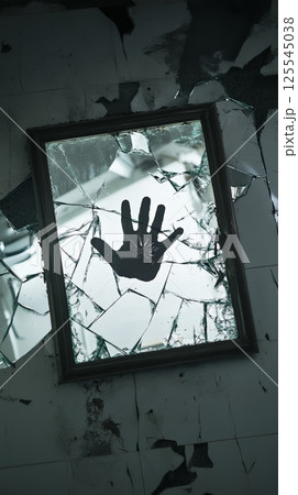 Scary black handprint visible behind a broken...のイラスト素材 [125545038] - PIXTA