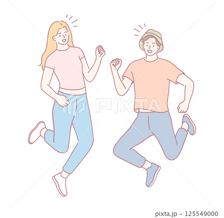 Joyful Young Couple Jumping in Pure Excitement,...のイラスト素材 [125549000 ...