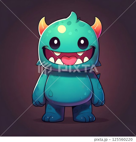 Turquoise cartoon monster smiling widely,...のイラスト素材 [125560220] - PIXTA