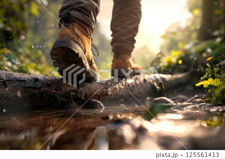 Crossing a fallen tree bridge over a river on a...のイラスト素材 [125561413 ...