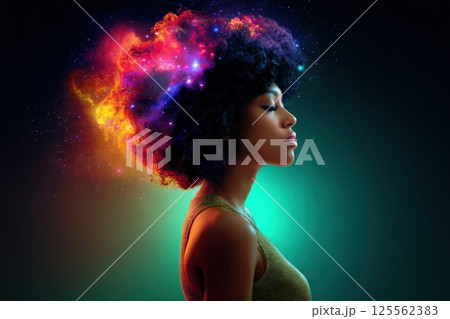 Woman with a galaxy within her afro hairstyle...のイラスト素材 [125562383] - PIXTA