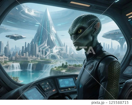 レプティリアンのUFOからの眺め、地底のセンタータワーのイラスト素材 [125588715] - PIXTA