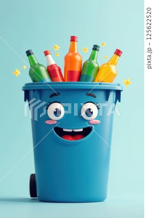 Happy recycling bin filled with empty glass...のイラスト素材 [125622520] - PIXTA