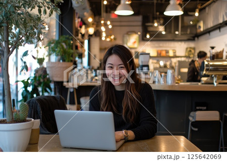Woman Smiling While Reading Personalized Email...のイラスト素材 [125642069 ...