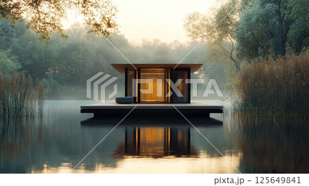 Modern Minimalist Floating House on Calm Lake...のイラスト素材 [125649841] - PIXTA
