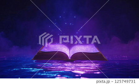 Open magic book with purple lights floating on...のイラスト素材 [125749731 ...