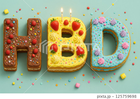 Colorful letter shaped birthday cakes spell HBD...のイラスト素材 [125759698 ...