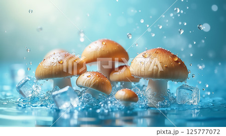 Cluster of mushrooms splashing in water with...のイラスト素材 [125777072] - PIXTA