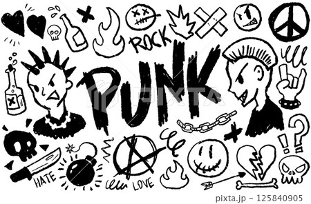 Punk rock doodles set. Hand drawn rebellious...のイラスト素材 [125840905] - PIXTA