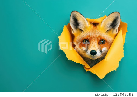 Cute Fox Peering Through Torn Yellow Paper with...のイラスト素材 [125845392 ...