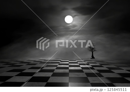 Black and White Landscape with Checkerboard...のイラスト素材 [125845511] - PIXTA