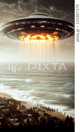 Alien mothership floating above quiet coastal...のイラスト素材 [125867379] - PIXTA