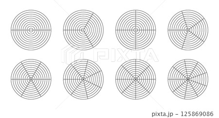 Polar coordinate grids divided into 2-9 sectors...のイラスト素材 [125869086 ...