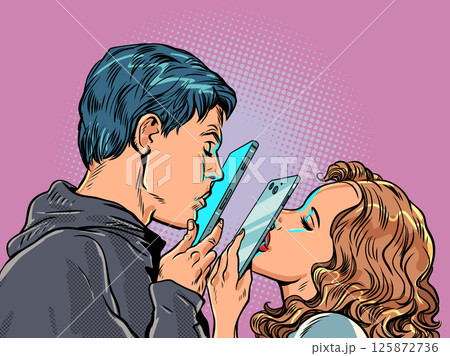 Man and woman kissing through phone screens....のイラスト素材 [125872736] - PIXTA