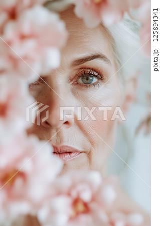 A close-up captures a radiant senior woman,...のイラスト素材 [125894341] - PIXTA