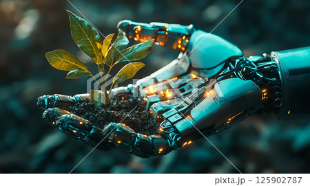 The robotic arm holds a young sprout with...のイラスト素材 [125902787] - PIXTA