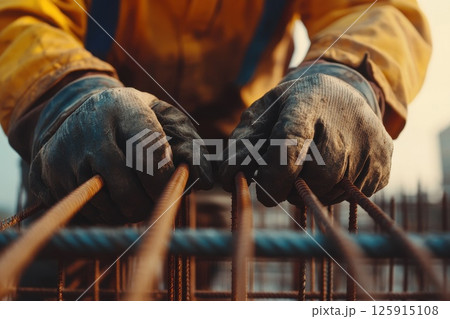 Close-Up Shot of Workers' Hands Tying Rebar on...のイラスト素材 [125915108 ...