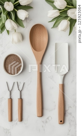 Wooden and white kitchen utensils with tulips...のイラスト素材 [125923064] - PIXTA