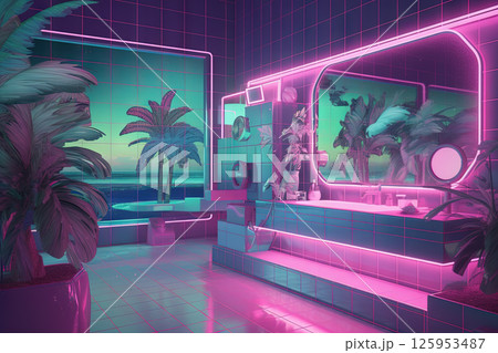 Neon lightened hotel lobby in synthwave style....のイラスト素材 [125953487 ...