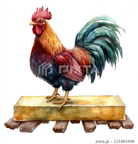Majestic rooster standing on wooden platform,...のイラスト素材 [125965498] - PIXTA