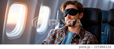 relaxed traveler wearing eye mask naps in cozy...のイラスト素材 [125966128 ...
