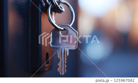 close up of shiny metal key on keyring inserted...のイラスト素材 [125967082 ...