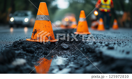 Traffic cones marking pothole on wet asphalt...のイラスト素材 [125972810] - PIXTA