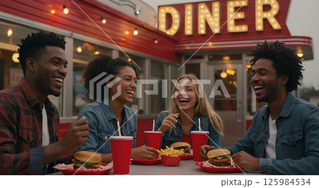 Happy Friends Enjoying Burgers at Dinerのイラスト素材 [125984534] - PIXTA