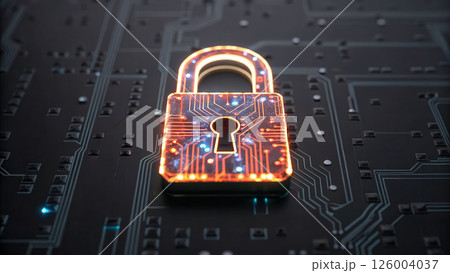 Digital lock symbol with circuit lines glowing...のイラスト素材 [126004037 ...