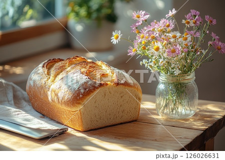 Rustic wooden table with fresh bread, laptop,...のイラスト素材 [126026631] - PIXTA