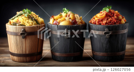 Three rustic wooden buckets filled with rice,...のイラスト素材 [126027056] - PIXTA