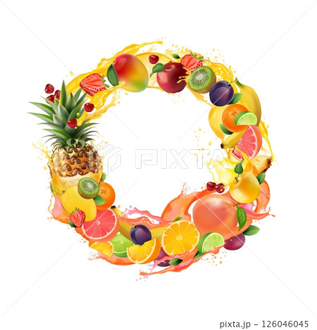Realistic fruit frame. 3d fruits circle frames...のイラスト素材 [126046045 ...