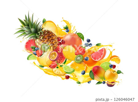 Realistic fruit burst. 3d fruits mix fresh...のイラスト素材 [126046047] - PIXTA