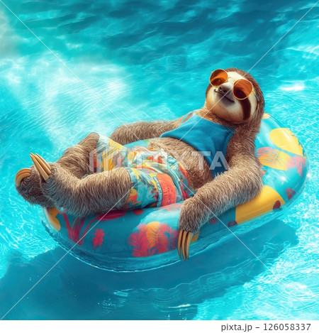 Sloth relaxing on inflatable ring in swimming...のイラスト素材 [126058337] - PIXTA