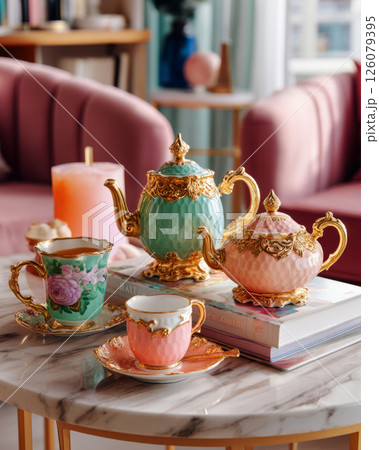 Elegant rococo tea set in pink and green with...のイラスト素材 [126079395] - PIXTA