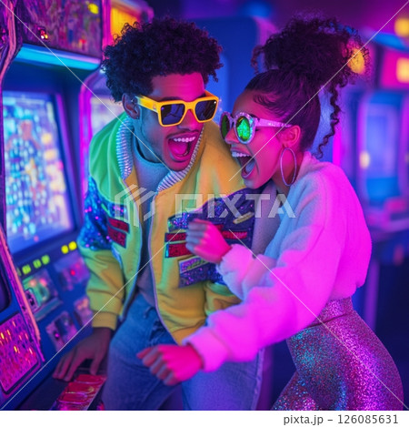 Retro 80s Couple Playing Arcade Games in Neon...のイラスト素材 [126085631] - PIXTA