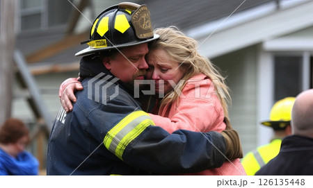 Scared young woman hugs brave fireman saved...のイラスト素材 [126135448] - PIXTA