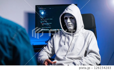 Hacker in a hood and mask is talking during...のイラスト素材 [126154283] - PIXTA