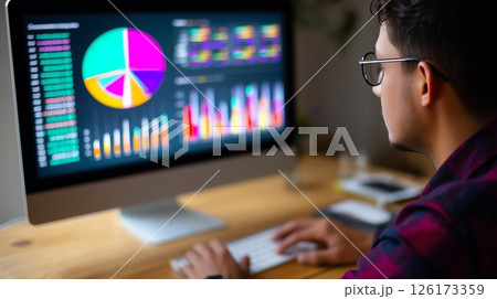 Person analyzing data on a computer screen in a...のイラスト素材 [126173359 ...